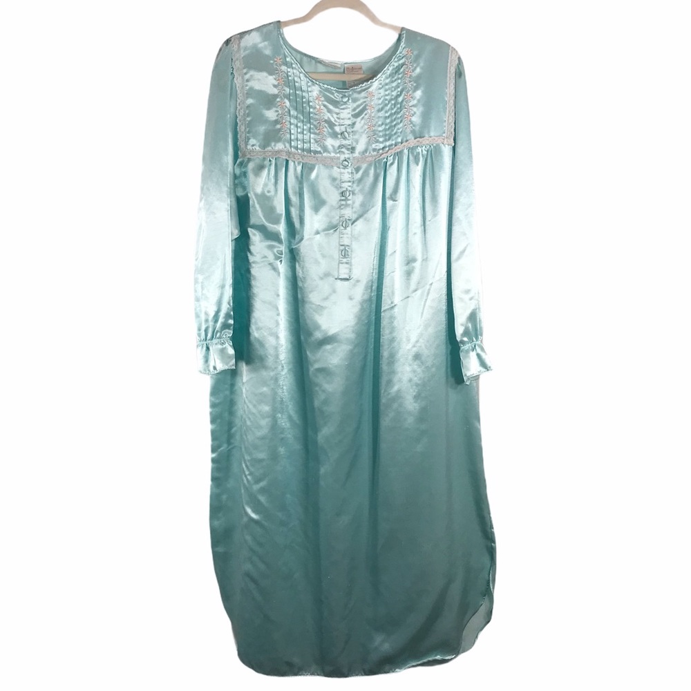 Vintage Aqua Blue Satin Flannel Nightgown - Gem